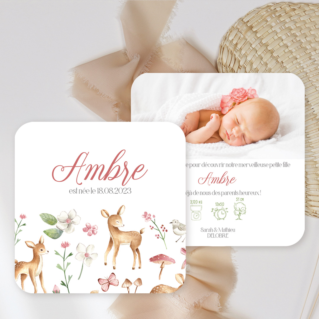 Faire-part naissance fille thème forêt - Bonheur précieux